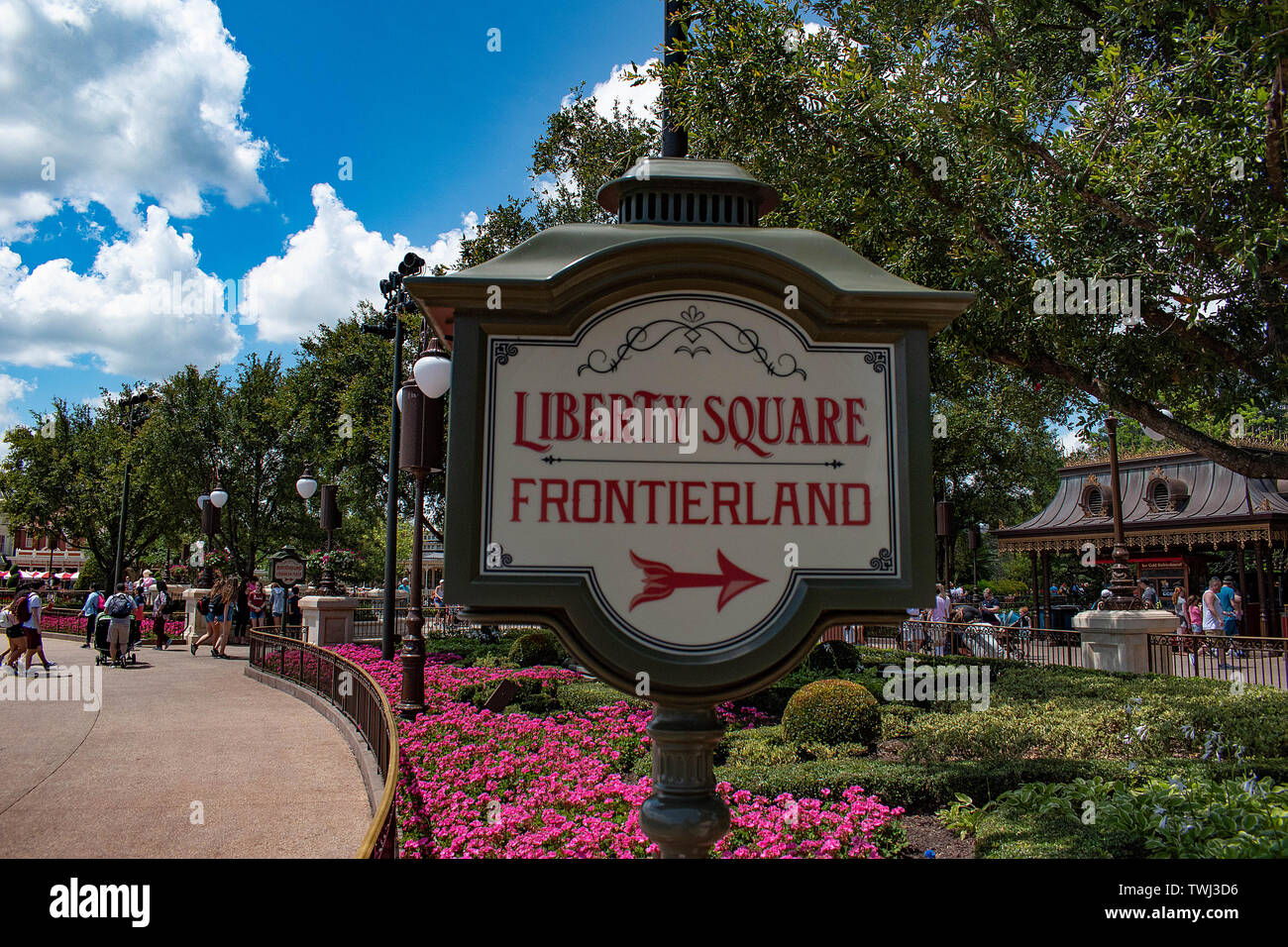 Orlando, Florida. May 10, 2019. Liberty Square Frontierland sign in ...