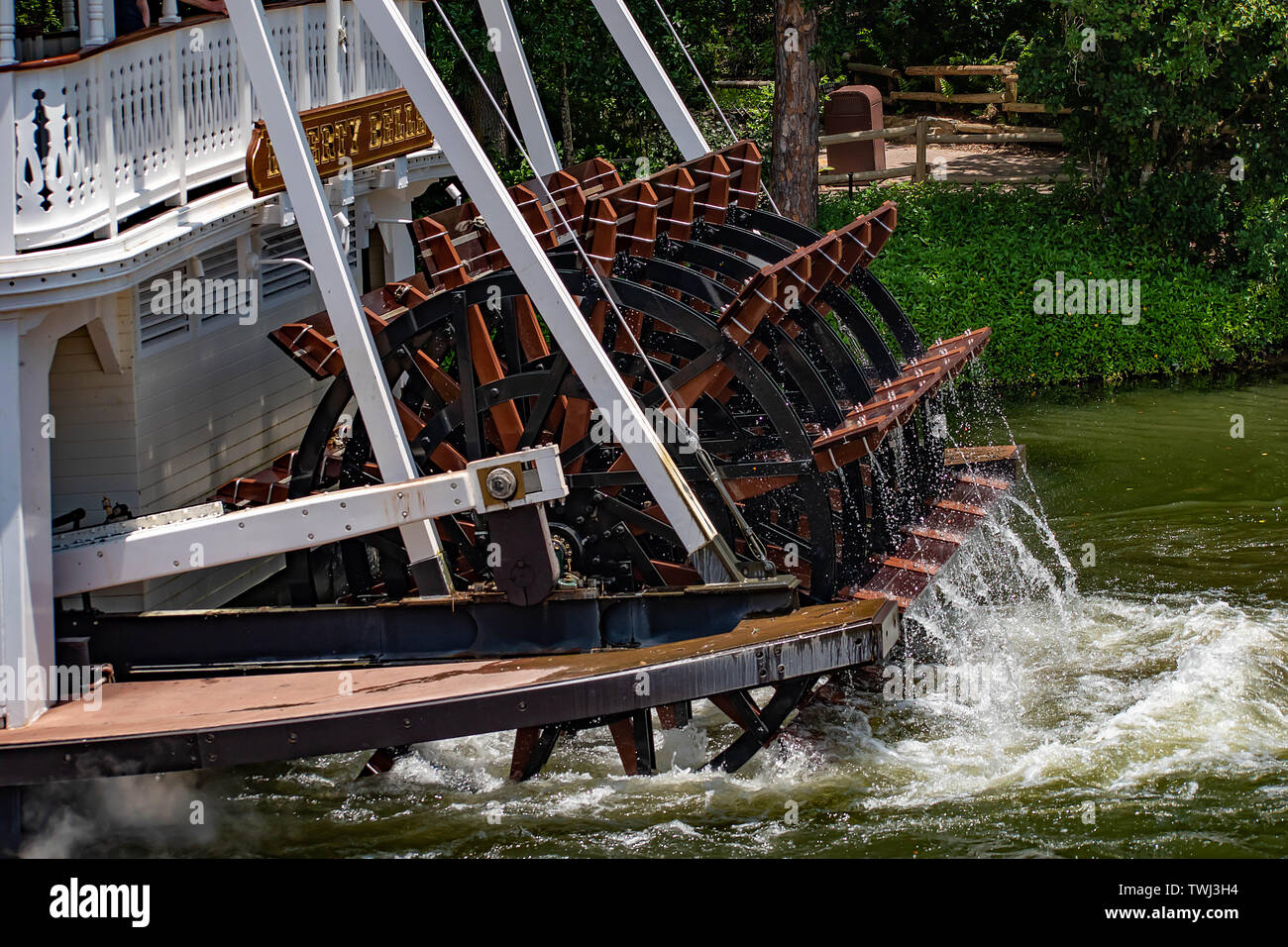Orlando, Florida. May 10, 2019. Paddle wheels in steamboat in Magic ...