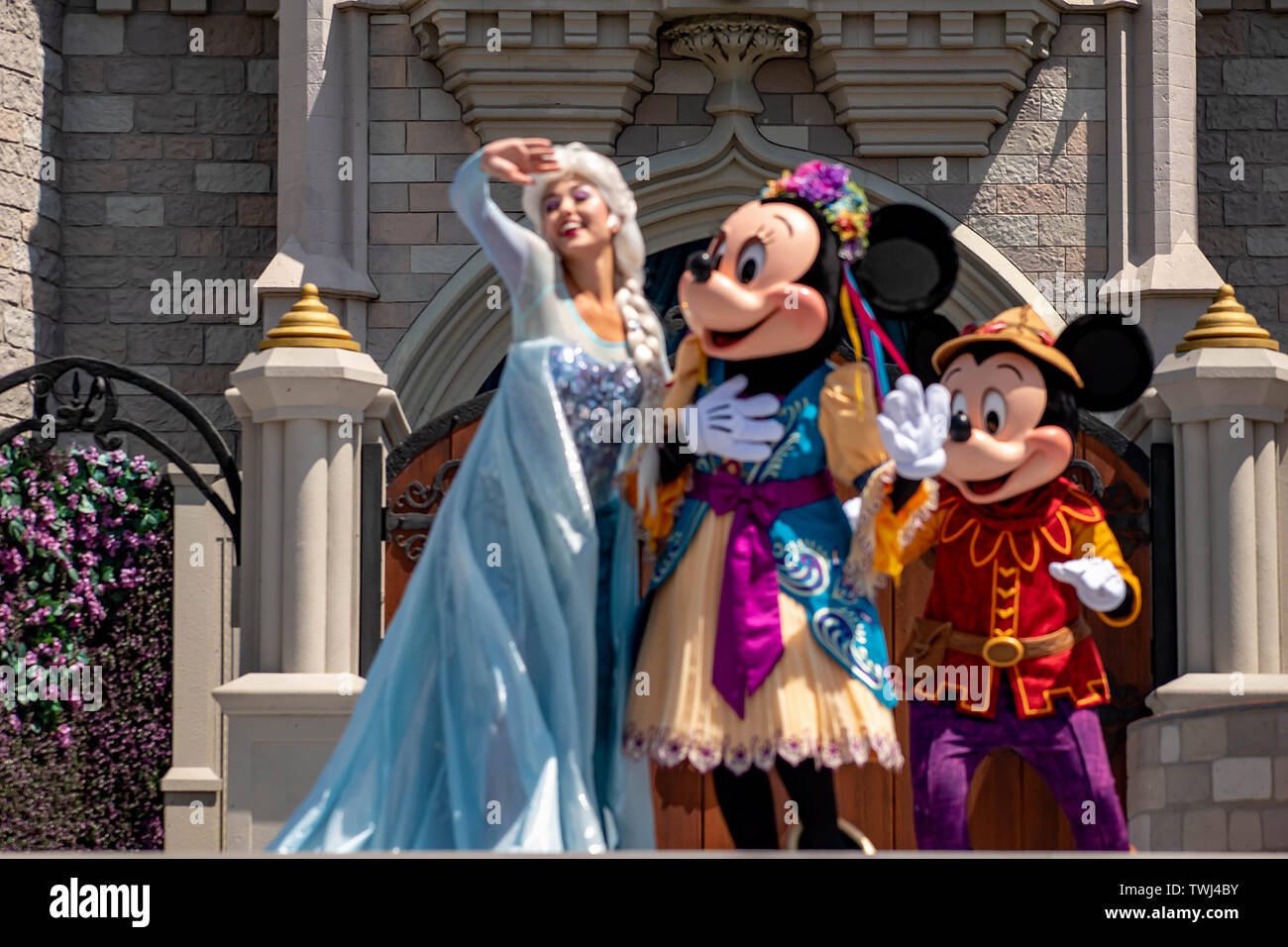 Orlando, Florida. May 17, 2019. Elsa, Anna and Minnie on Mickey's Royal ...