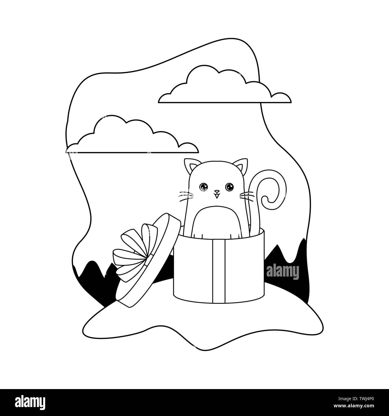 cute cat animal in gift box in landscape vector illustration design ...
