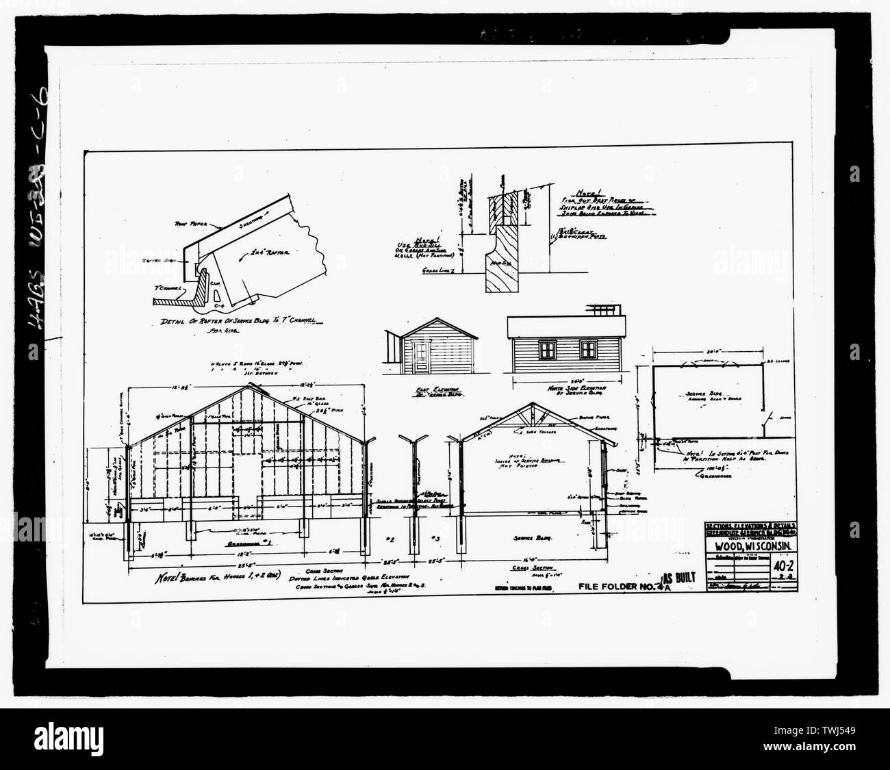 Sections, elevations, and details; photocopy of construction drawing ...
