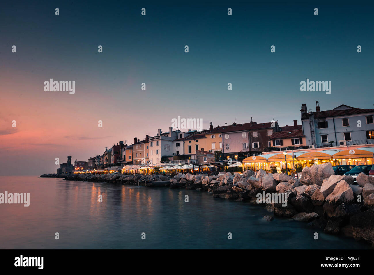 Piran, Slovenia, the night of the old port Stock Photo - Alamy