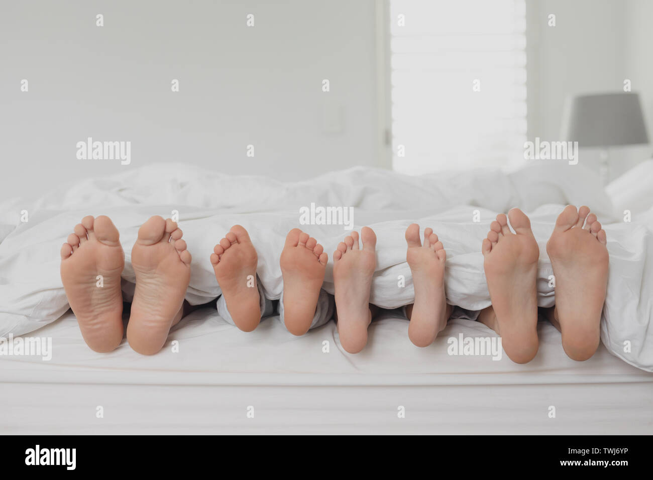 Family feet under blanket in bed in bedroom Stock Photo - Alamy