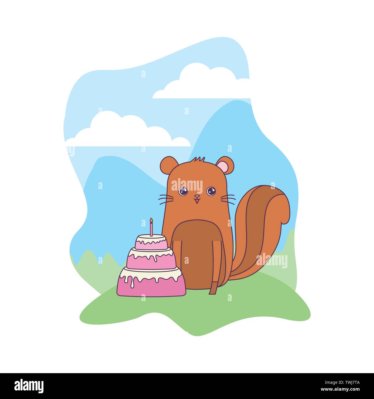 cute chipmunk animal with cake of birthday in landscape vector ...