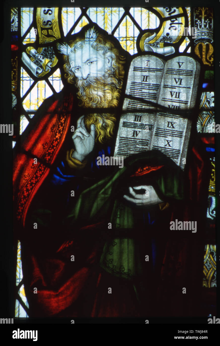 Stained glass window, Moses, Ten Commandments, St Peter's, Tewin, Herts ...