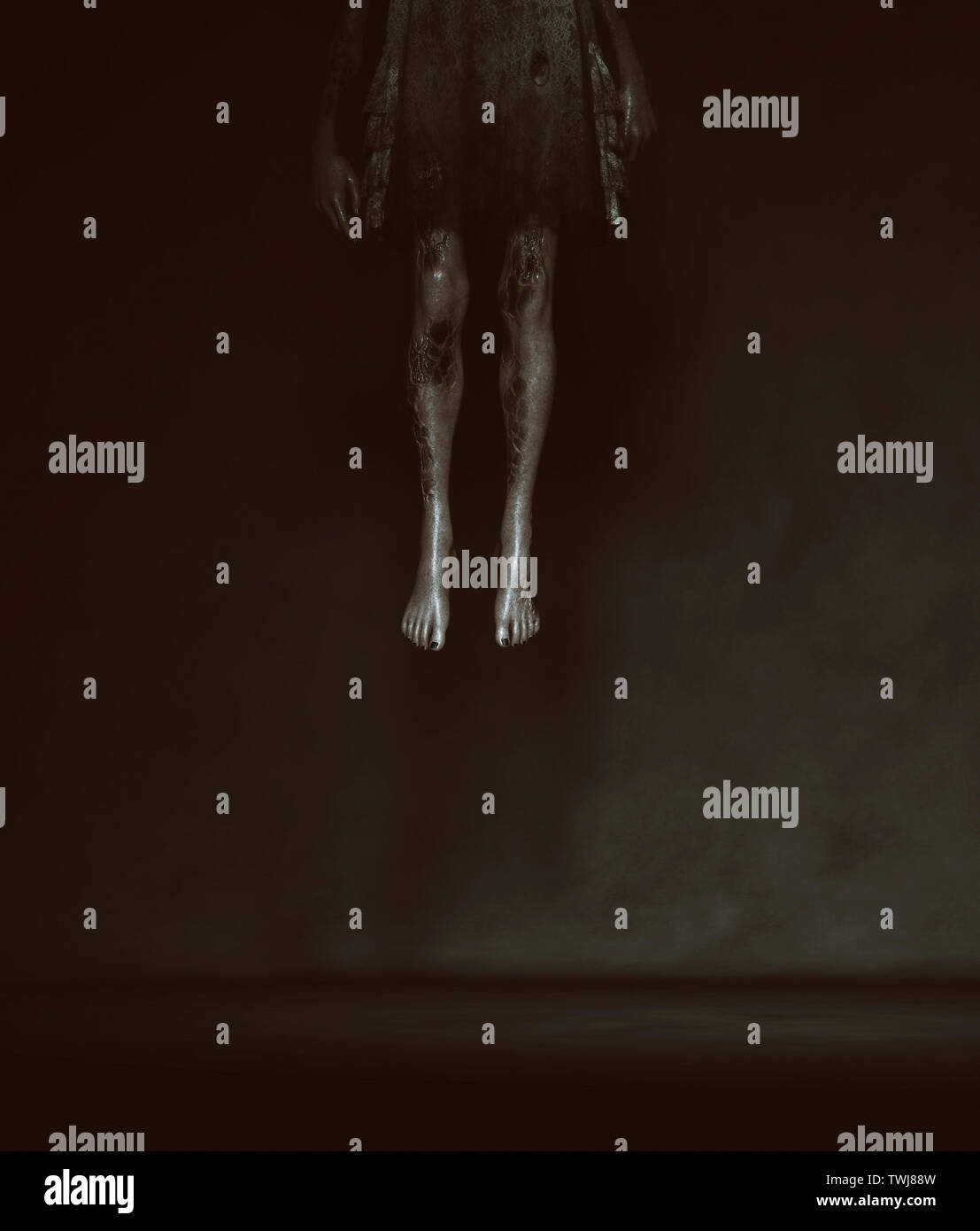 Devil's legs,3d illustration of dead body's legs hang from the ceiling ...