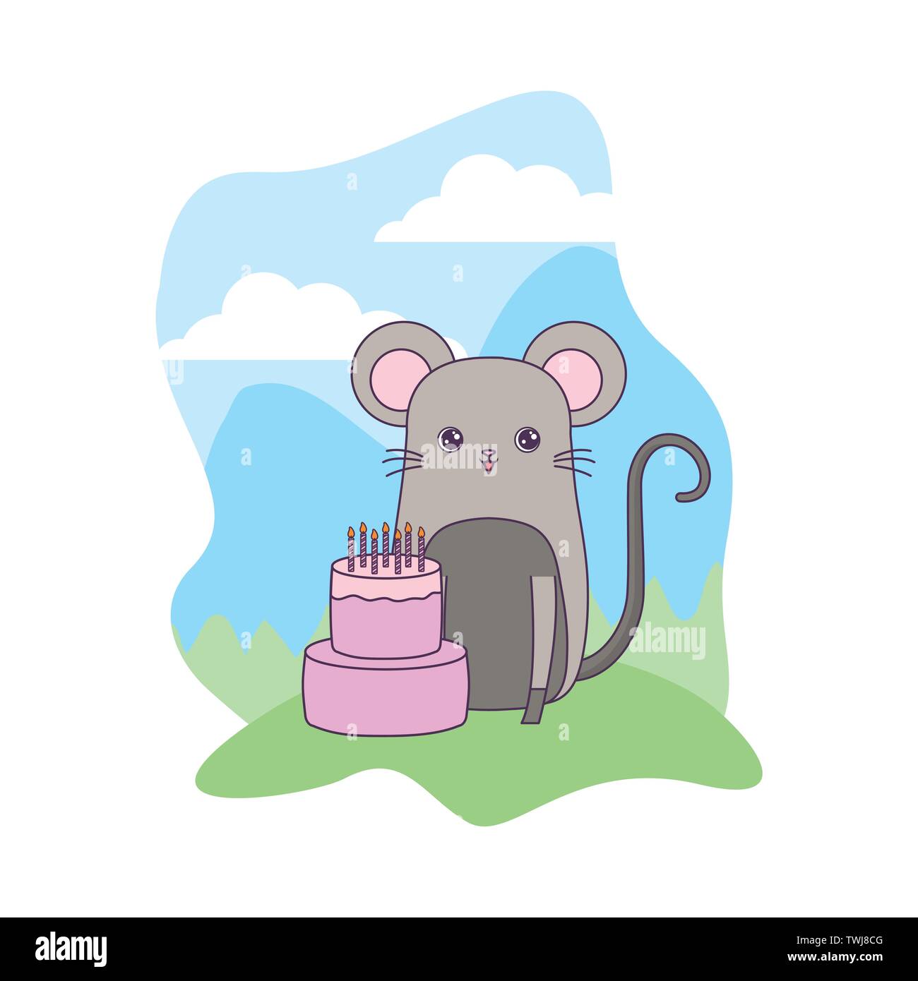 cute mouse animal with cake of birthday in landscape vector ...