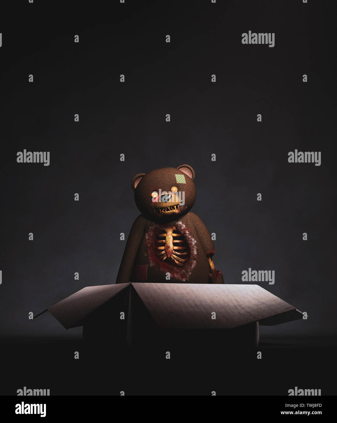 Scary toy bear in open cardboard box in the dark,3d rendering Stock ...