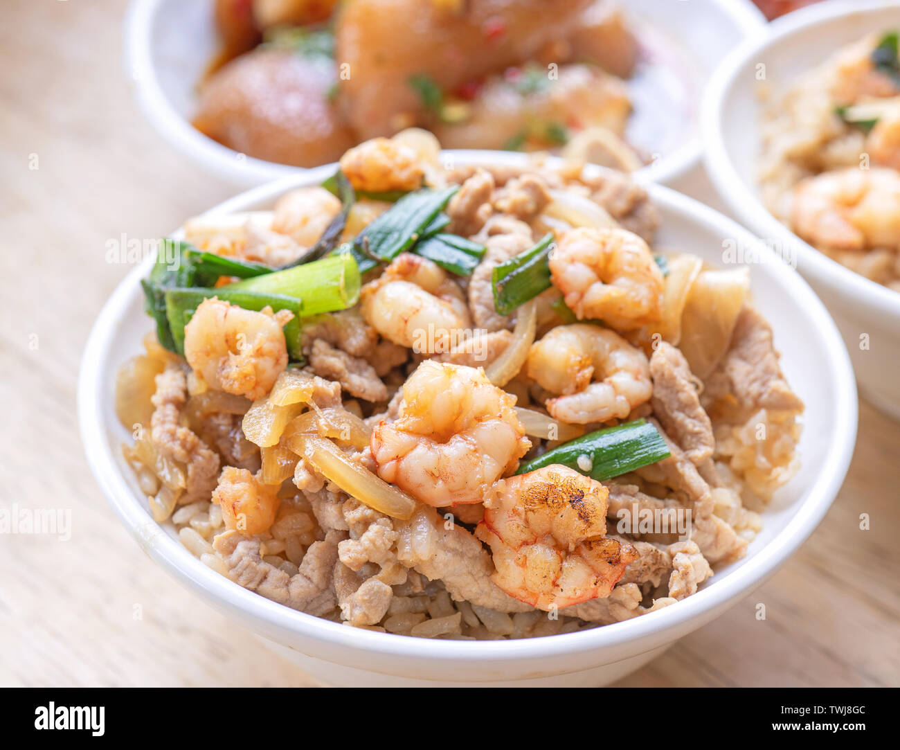 Braised shrimp over rice - Taiwan famous traditional street food. Soy ...