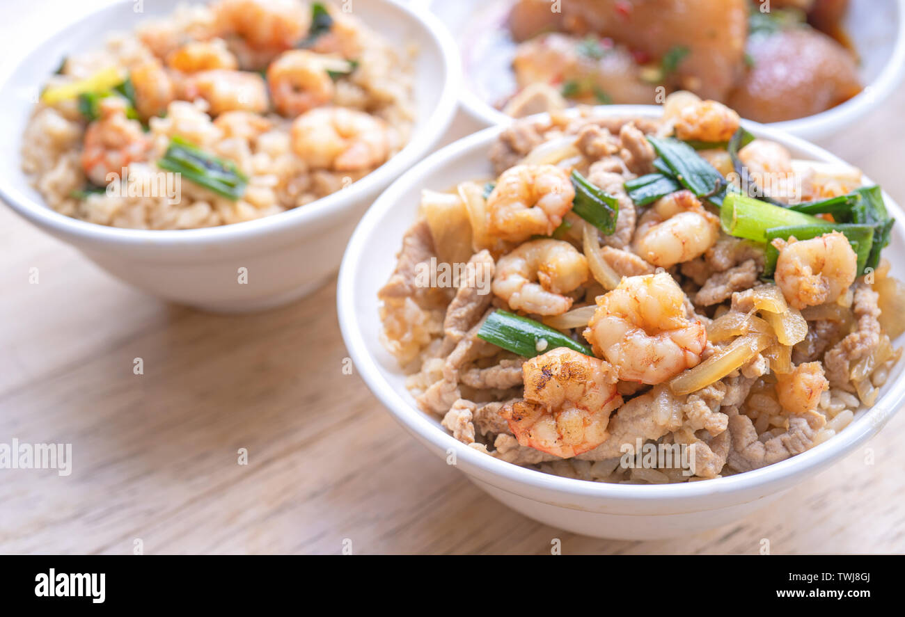 Braised shrimp over rice - Taiwan famous traditional street food. Soy ...