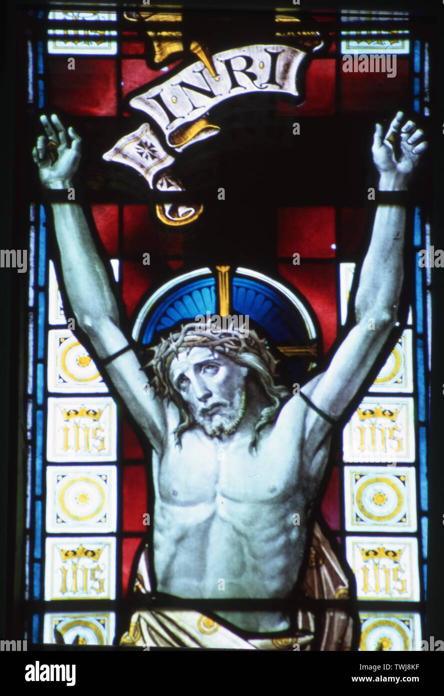 Stained glass window, Christ Crucified, St Peter's church, Wenhaston ...