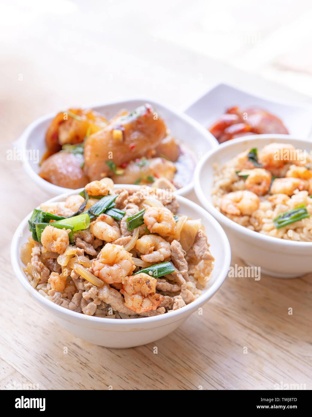 Braised shrimp over rice - Taiwan famous traditional street food. Soy ...