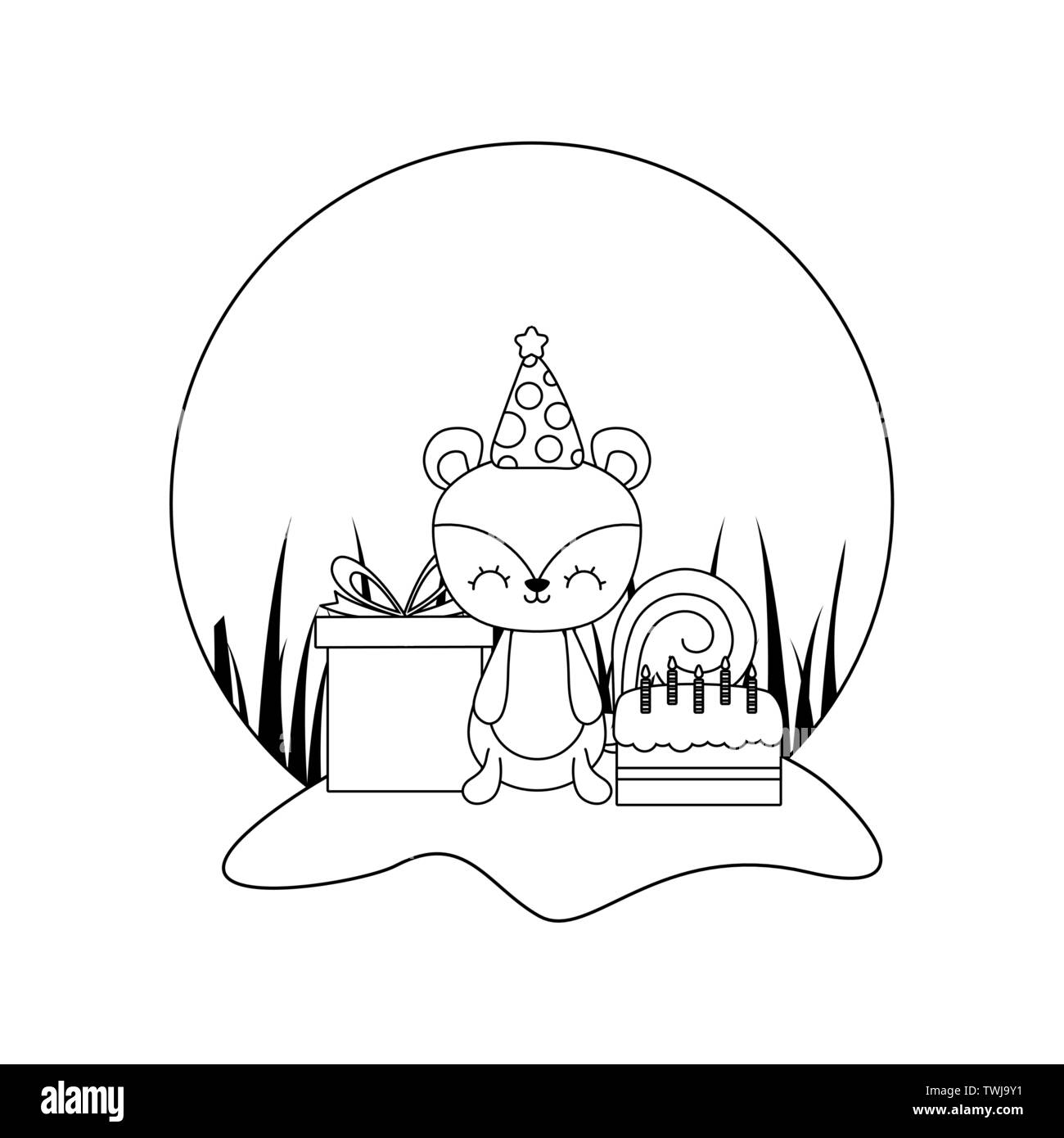 cute chipmunk with cake of birthday and gift box vector illustration ...