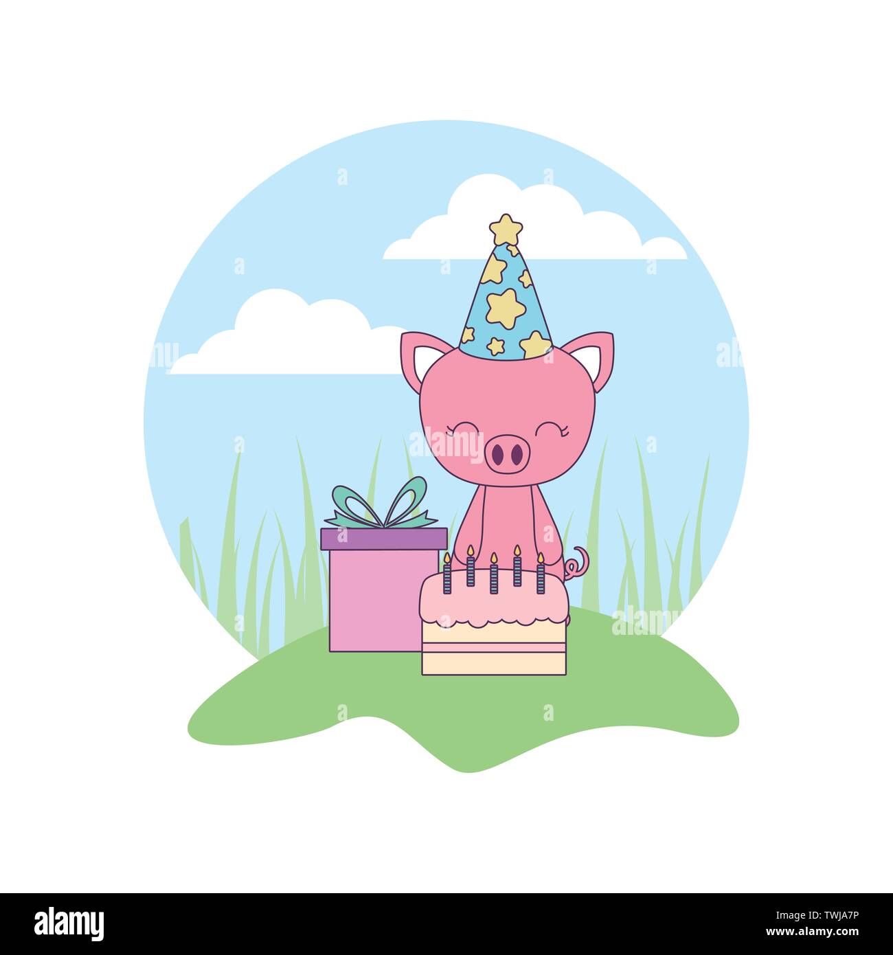 cute piggy with cake of birthday and gift box in landscape vector ...