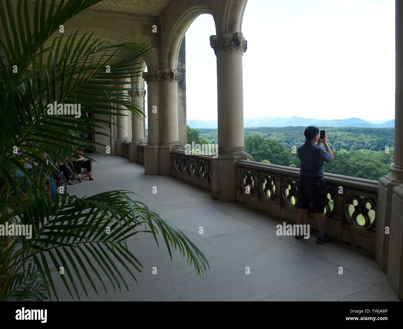 Tourist on Balcony with view of Blue Ridge Mountains at Biltmore ...