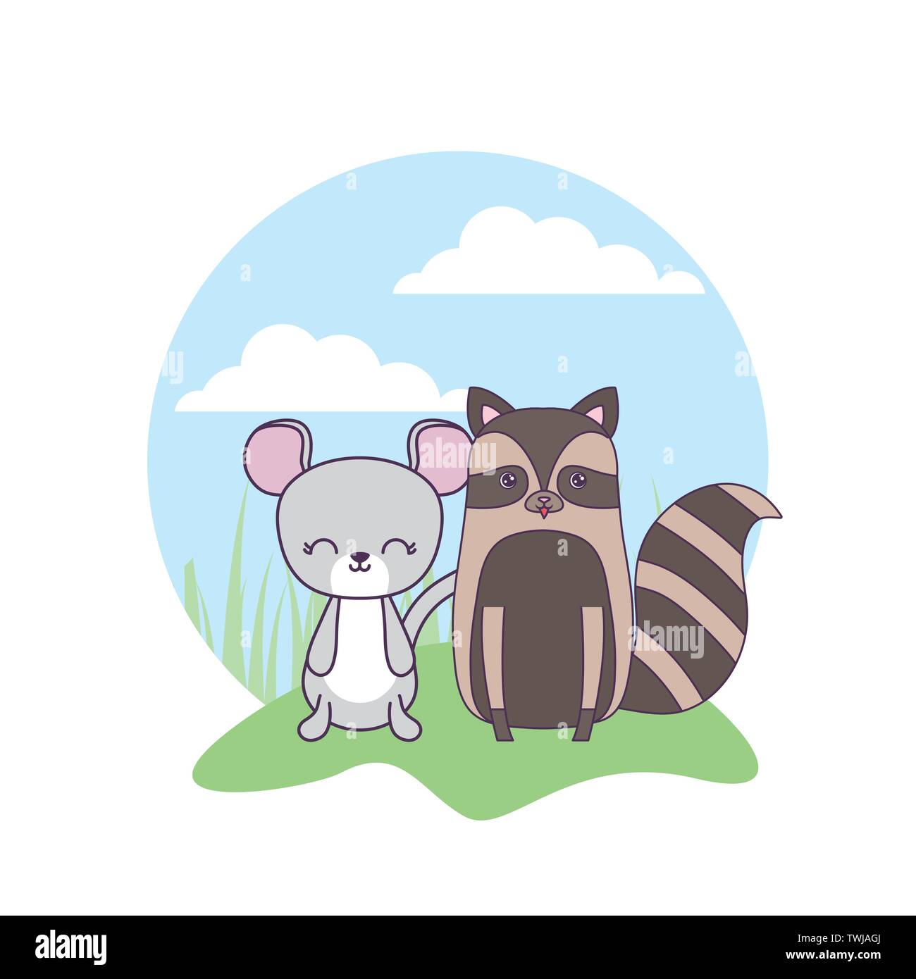cute mouse with raccoon animals in landscape vector illustration design ...