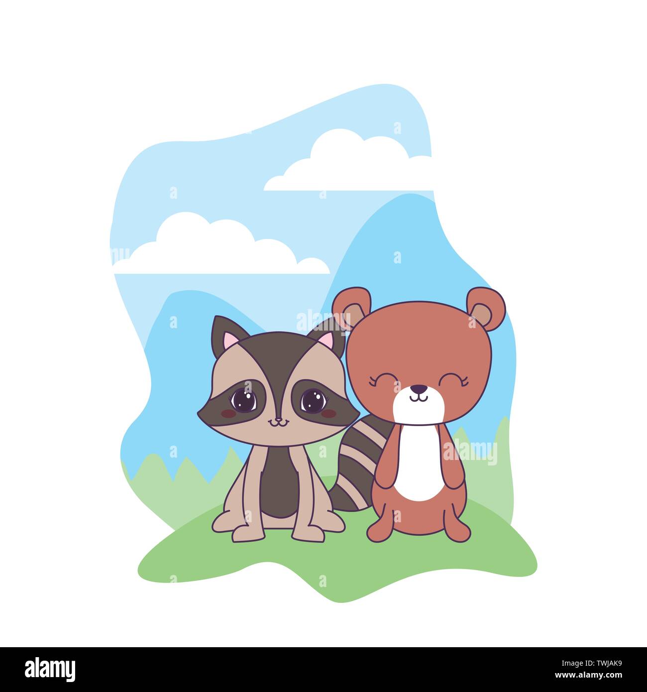 cute bear with raccoon animals in landscape vector illustration design ...