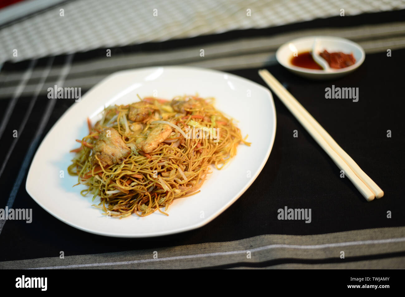 Singapore style fried rice noodle, setup nicely on a table ready to ...