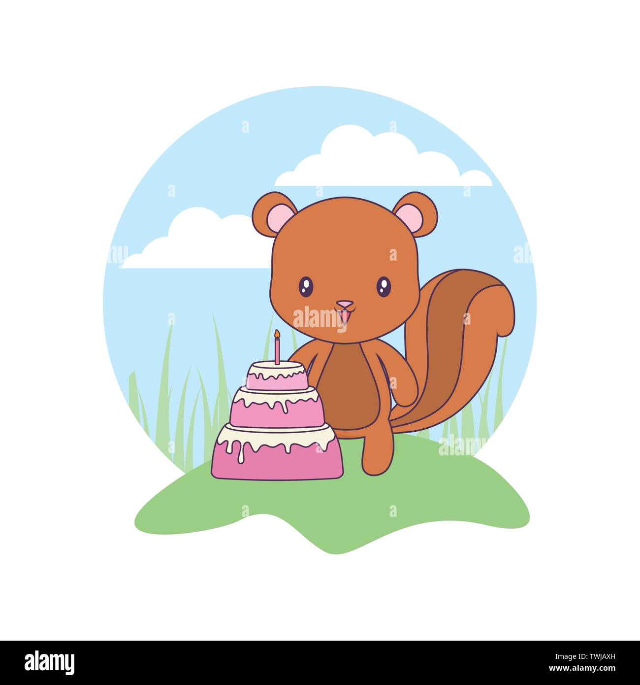cute chipmunk animal with cake of birthday in landscape vector ...