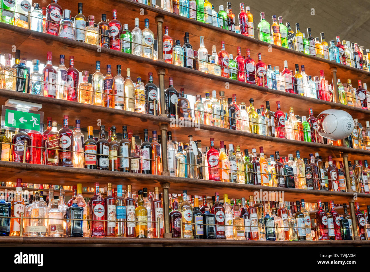Paris, France - April 15, 2019 : Large collection of alcohol bottles on ...