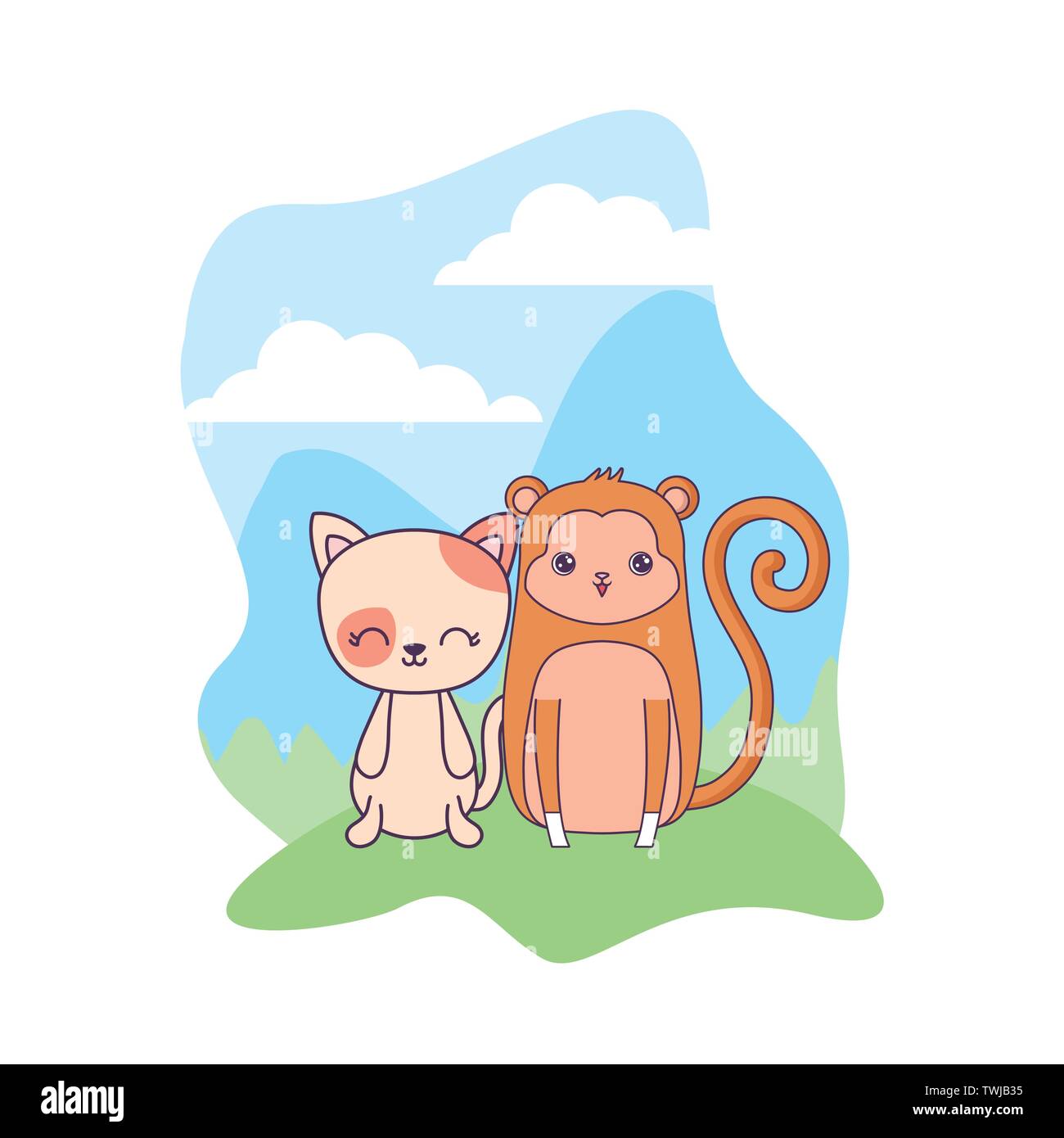 cute cat with monkey animals in landscape vector illustration design ...