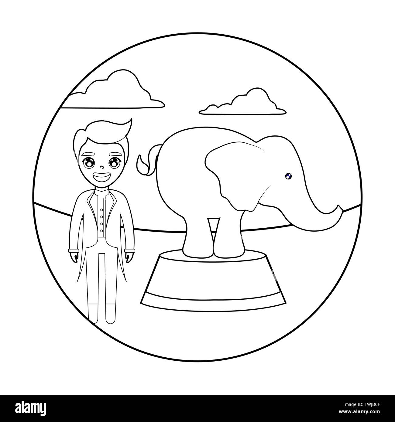 circus animal tamer male with elephant in frame circular vector ...