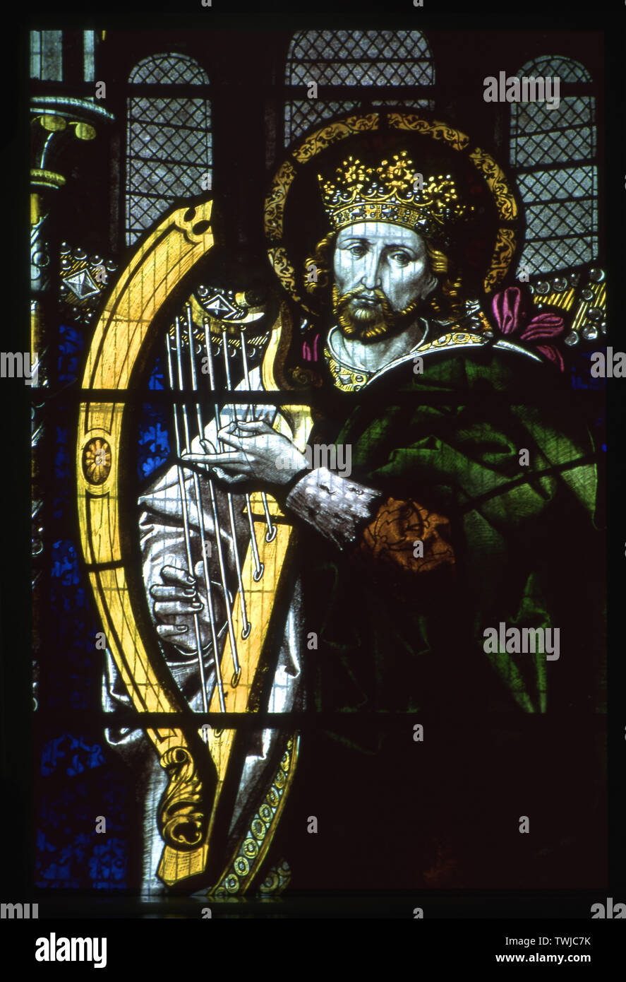 Stained glass window, King David playing the harp Stock Photo - Alamy