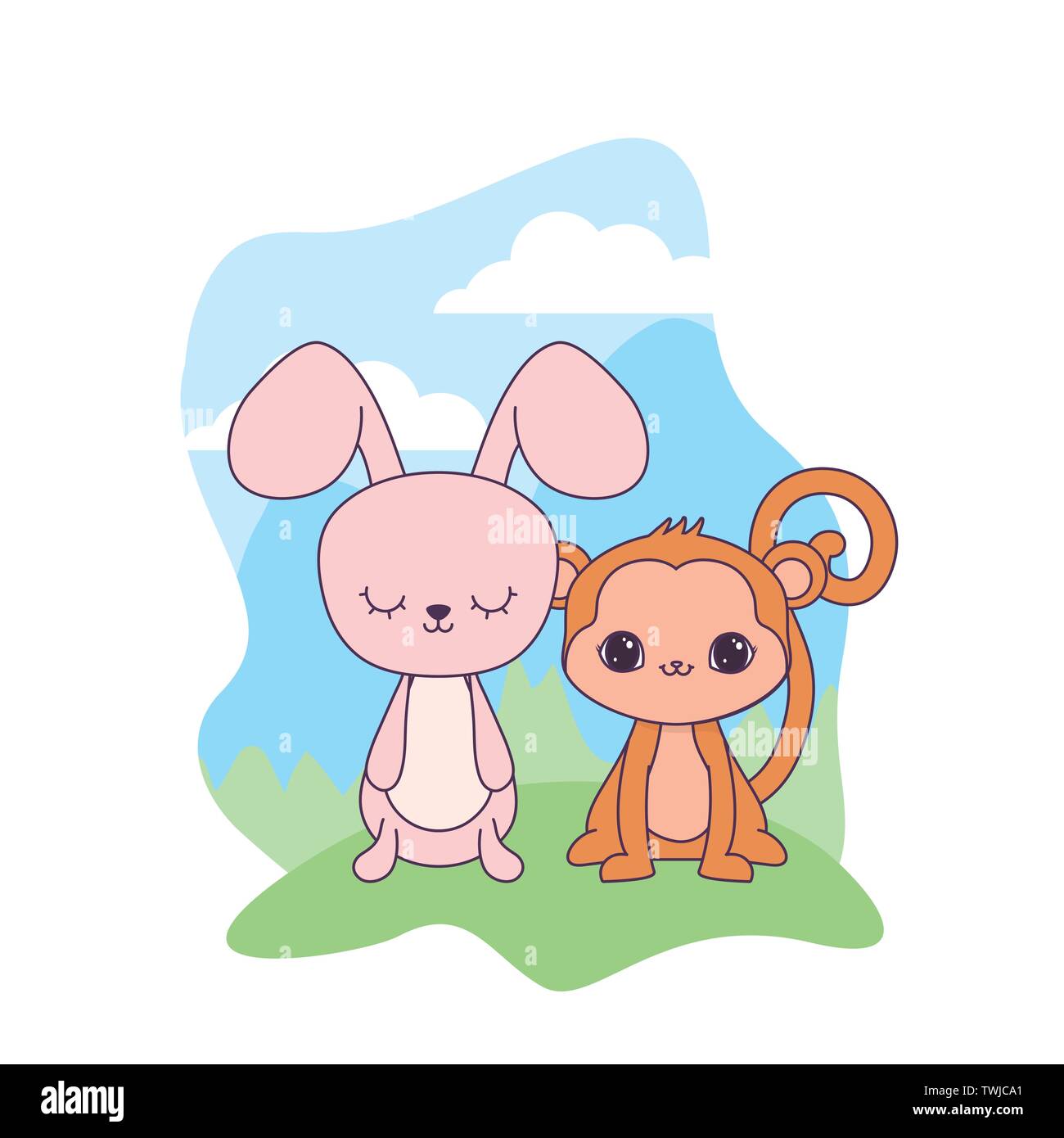 cute rabbit with monkey animals in landscape vector illustration design ...