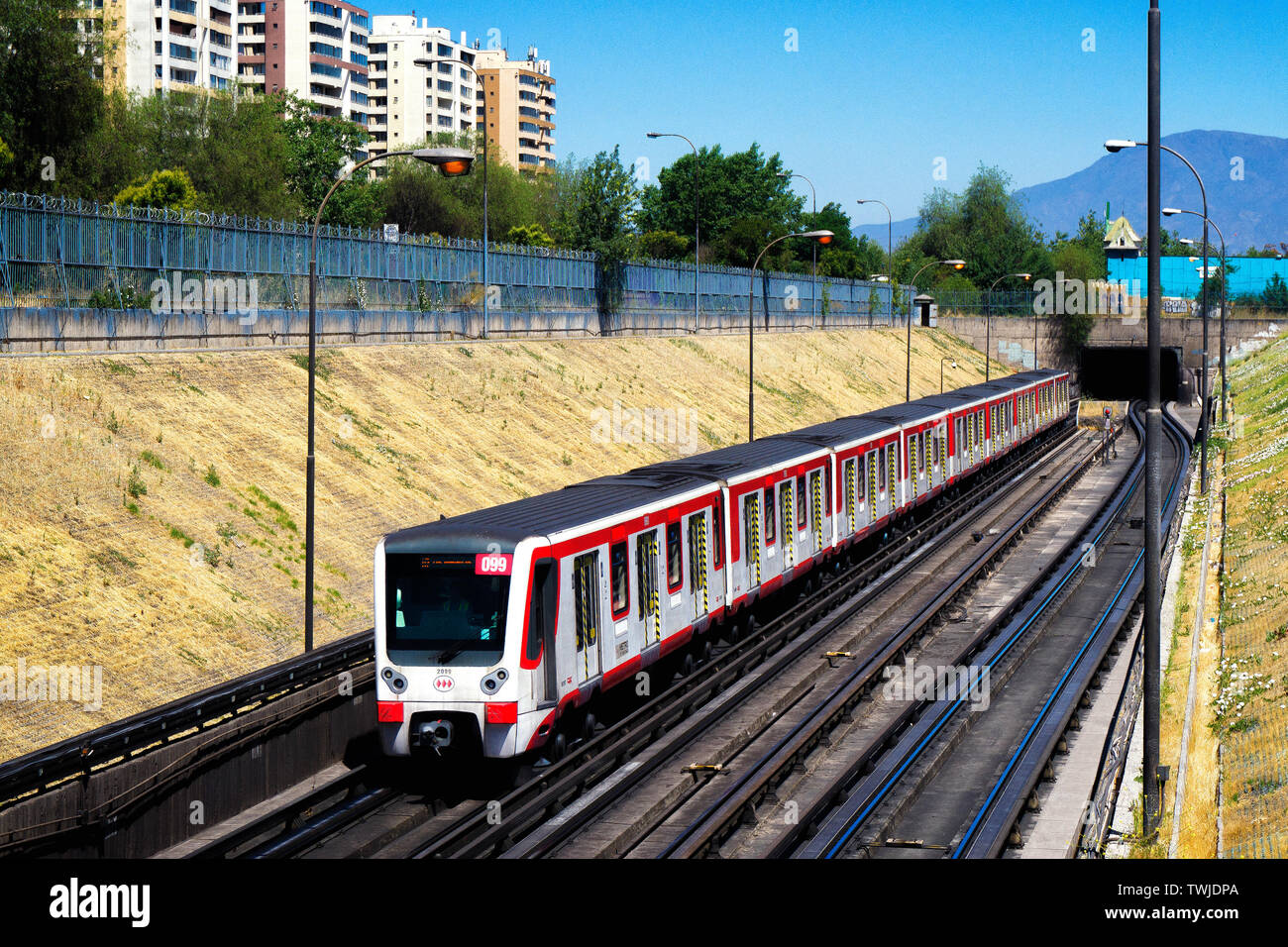 SANTIAGO, CHILE - NOVEMBER 2017: A Metro de Santiago train between ...