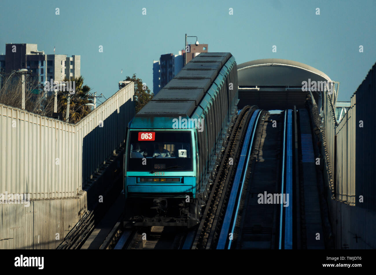 SANTIAGO, CHILE - AUGUST 2016: Metro de Santiago train entering the ...