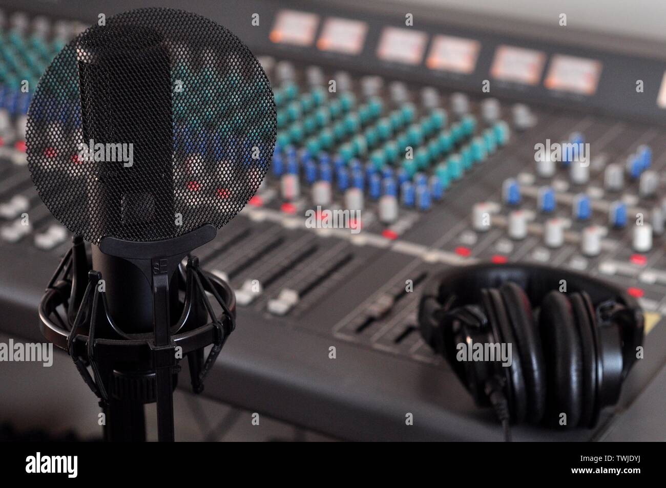 Recording Studio Mixing Console, Microphone and Headphones Stock Photo ...