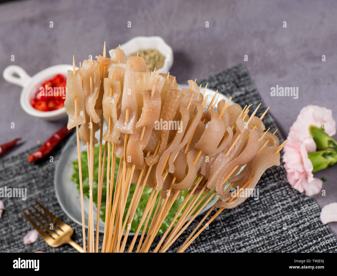 Iron plate barbecue lamb kebab, duck gizzard, lamb, pork beef Stock ...