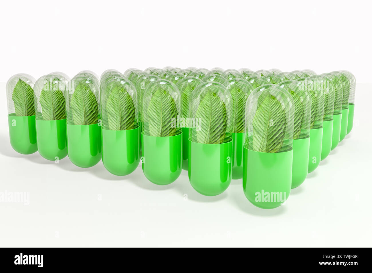 Three dimensional rendering, green capsule with pure white background ...