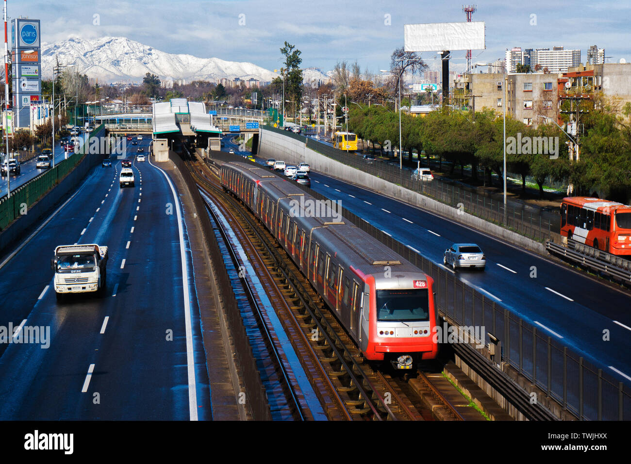 SANTIAGO, CHILE - JULY 2017: An steel AS02 Metro de Santiago train ...