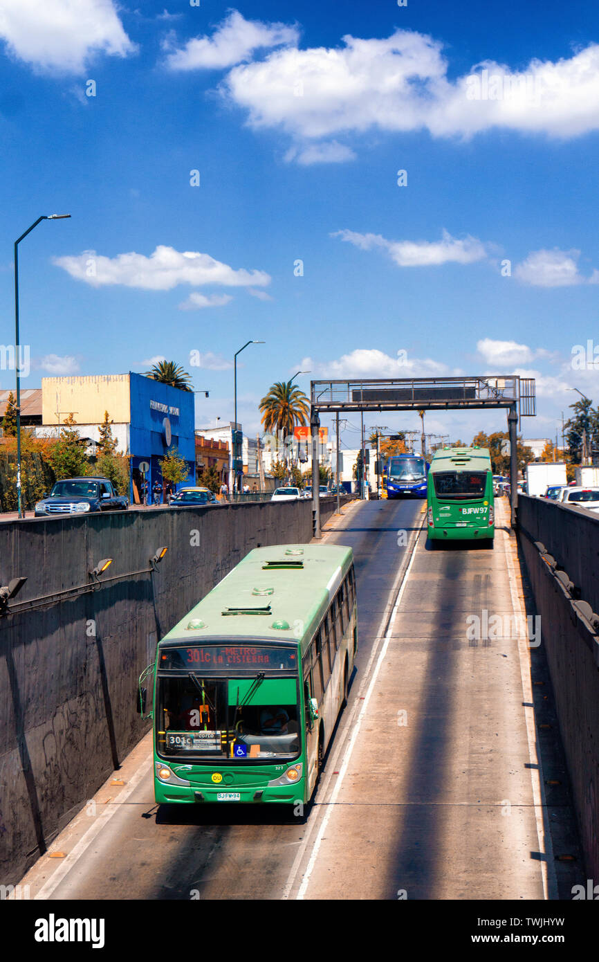 SANTIAGO, CHILE - MARCH 2017: Transantiago buses entering and exiting ...