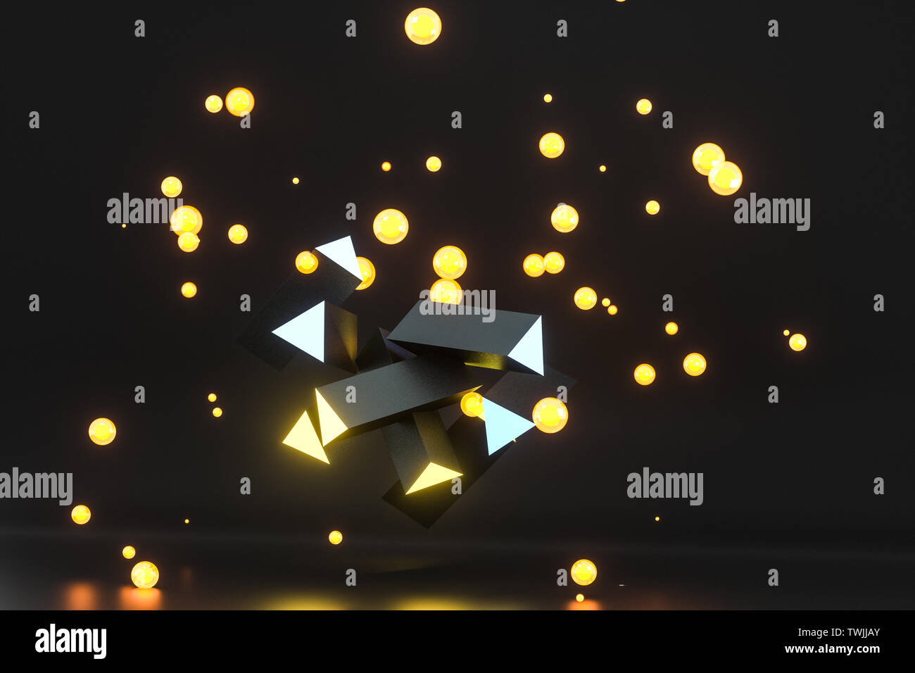 Three-dimensional rendering, glowing triangular columns against dark ...
