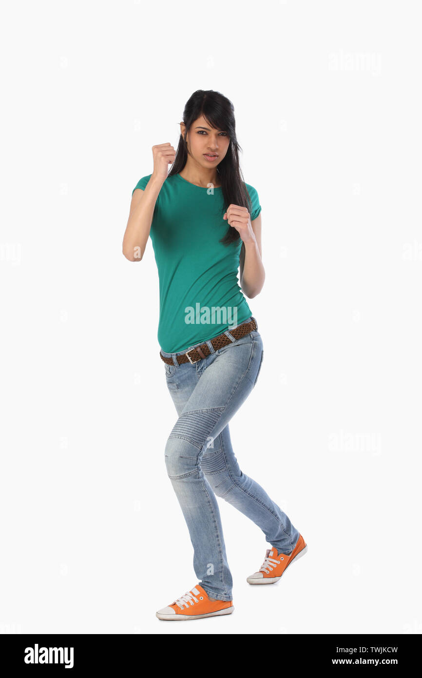 Portrait of a woman in boxing stance Stock Photo - Alamy