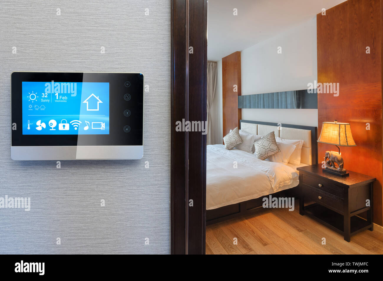smart screen with smart home with modern bedroom Stock Photo - Alamy