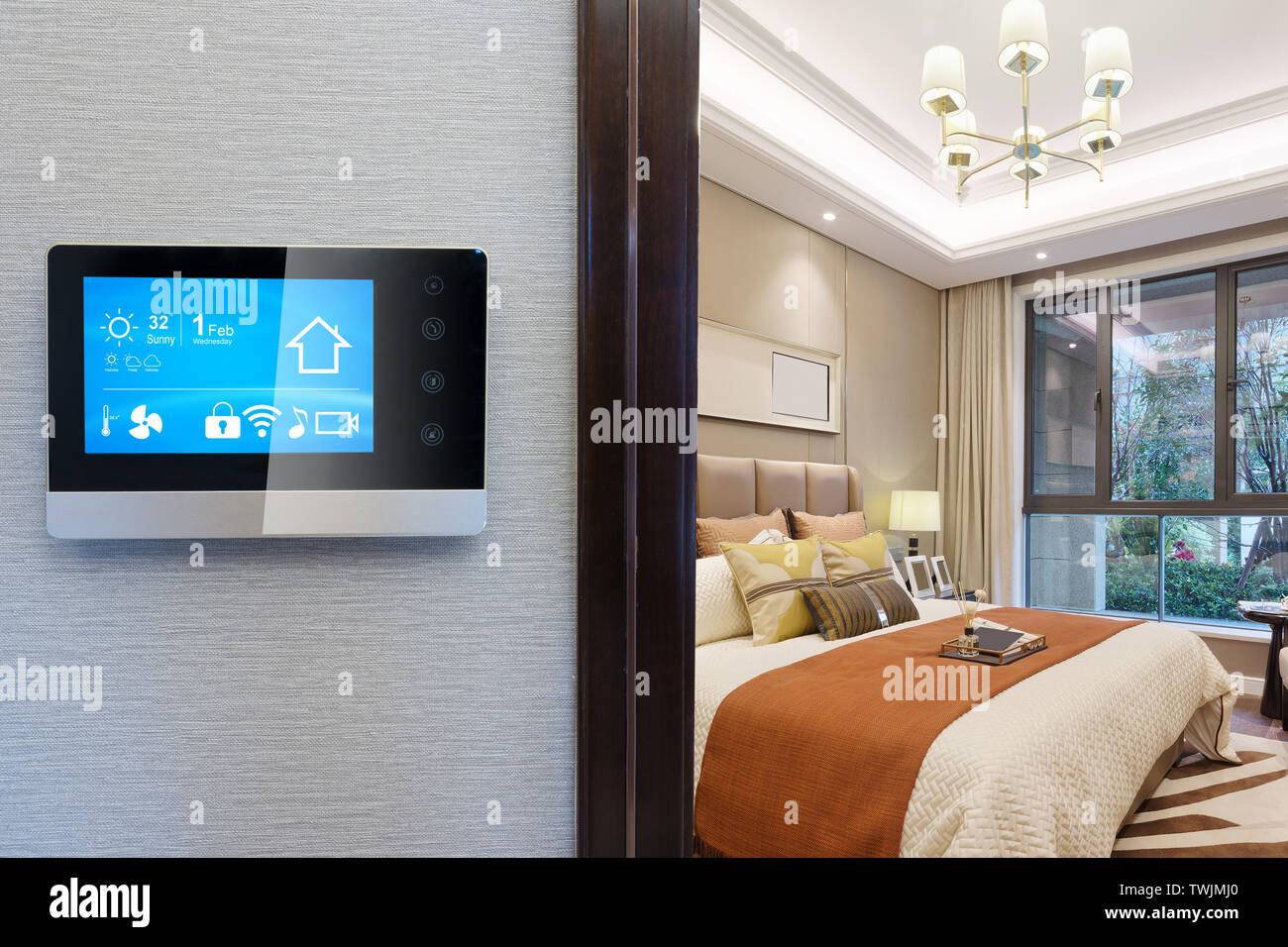 smart screen with smart home with modern bedroom Stock Photo - Alamy