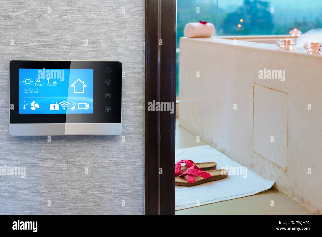 smart screen with smart home with modern spa bathroom Stock Photo - Alamy