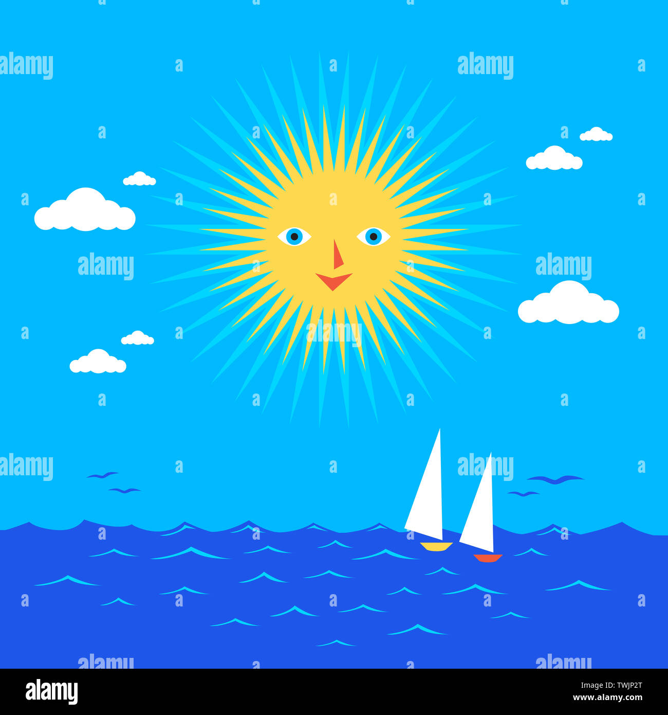 Sun and sea. A warm smiling summer sun above the wavy sea. Natural ...