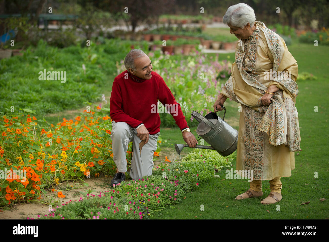 Old couple watering with water can Stock Photo - Alamy