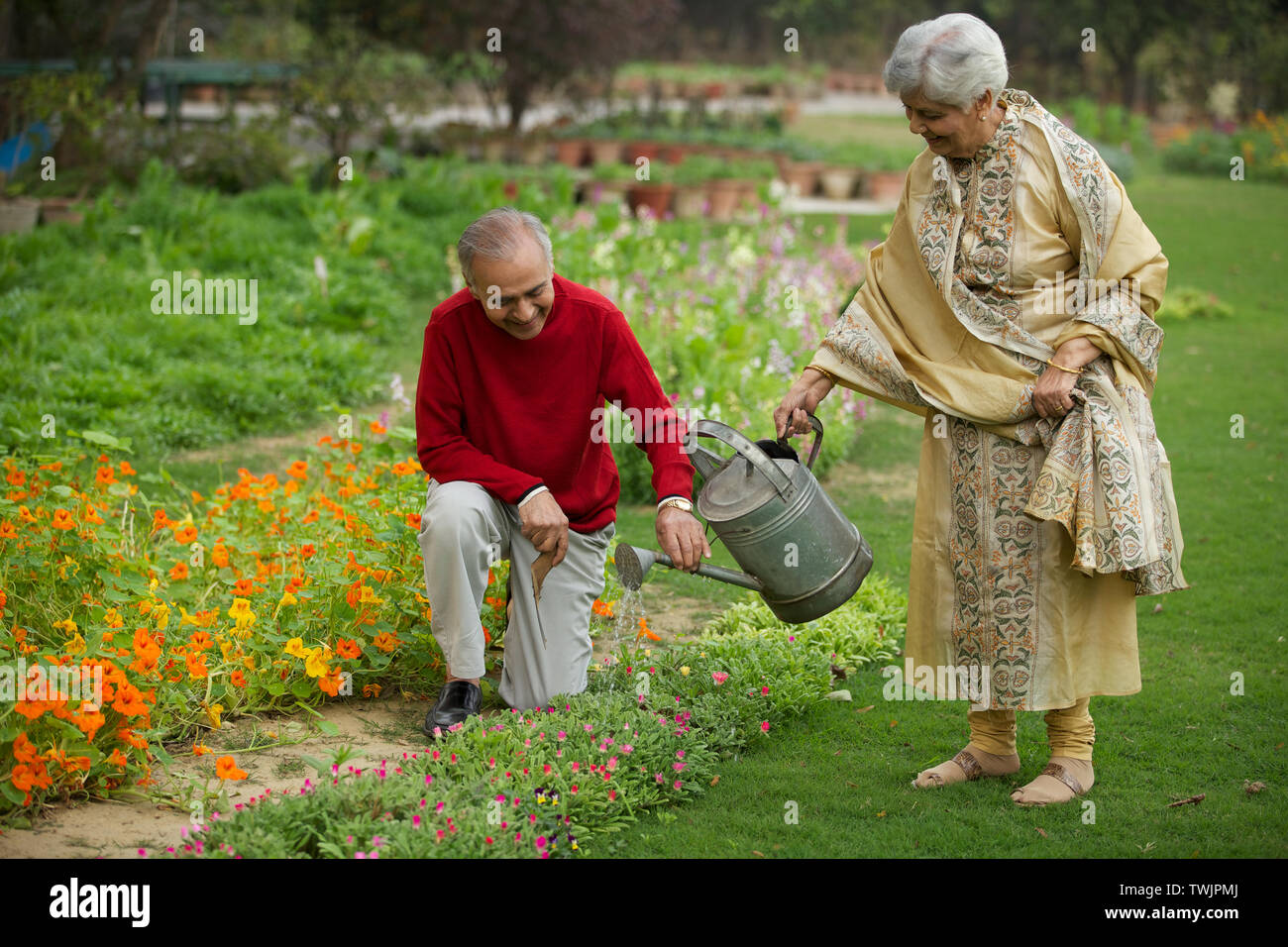 Old couple watering with water can Stock Photo - Alamy