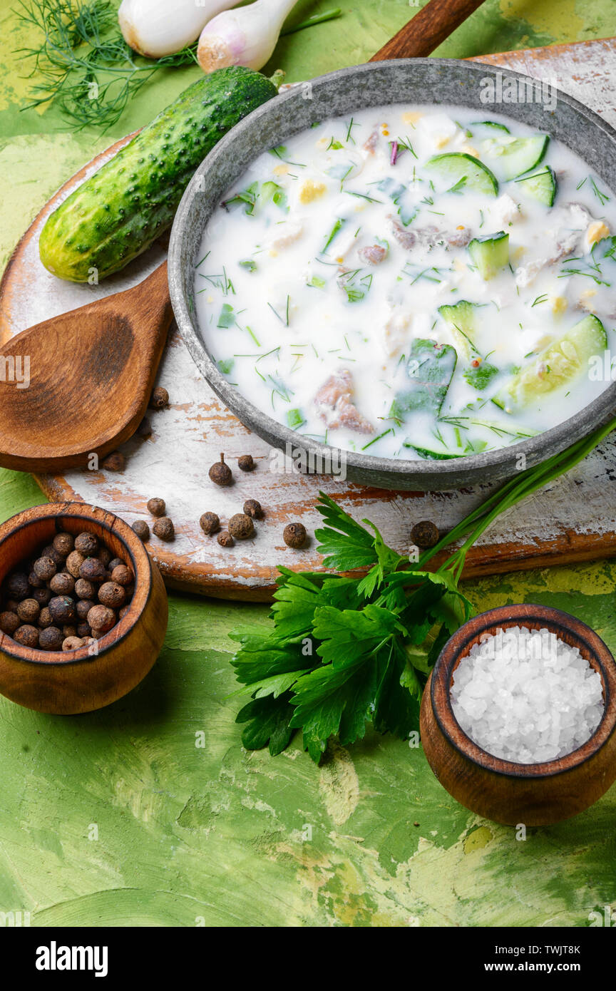 Summer cold soup.Okroshka.Vegetable cold soup.Russian food.Traditional ...