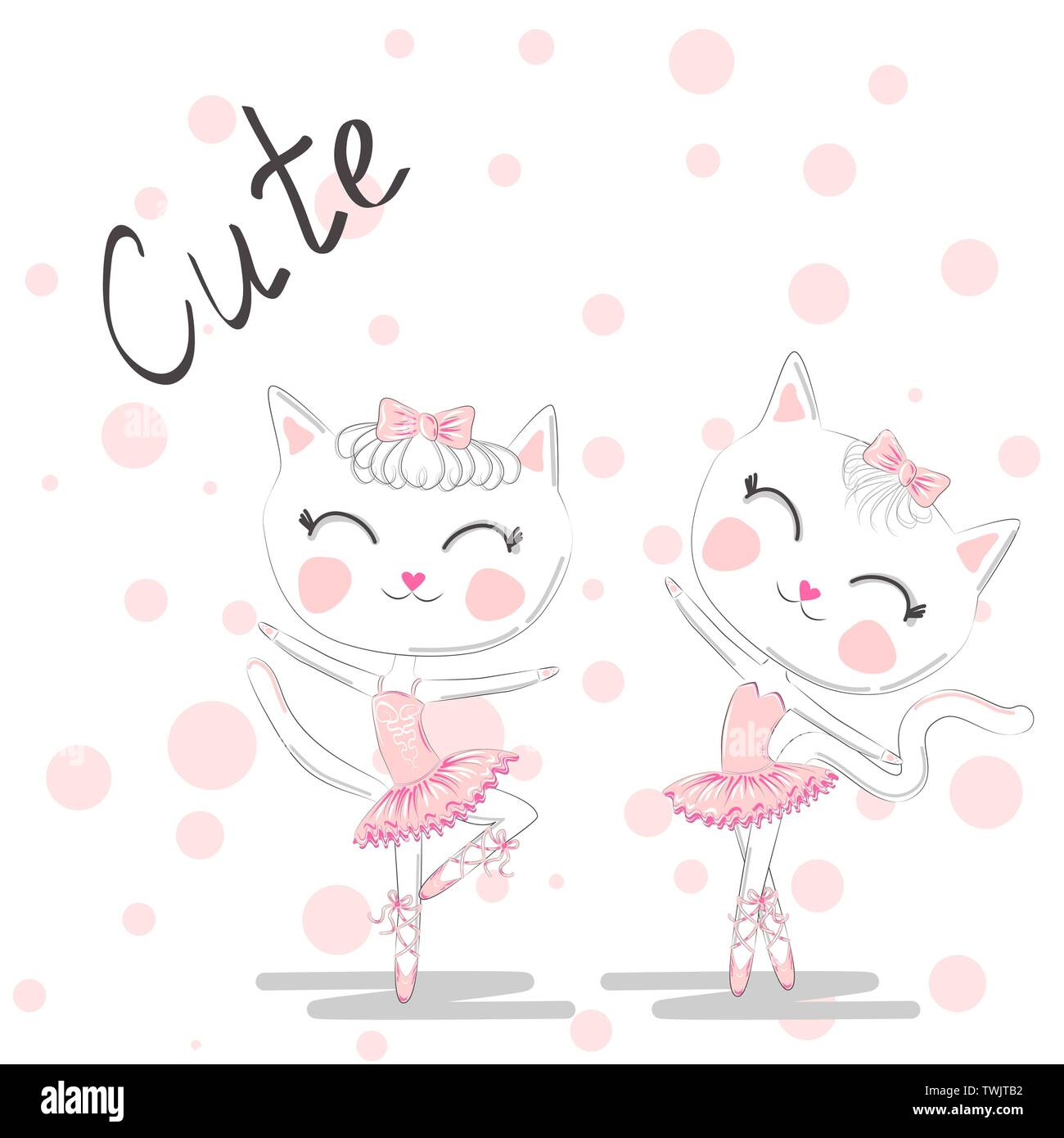 Cute dancing cats in a pink dress. Ballerina love dancing. Hand drawn t ...