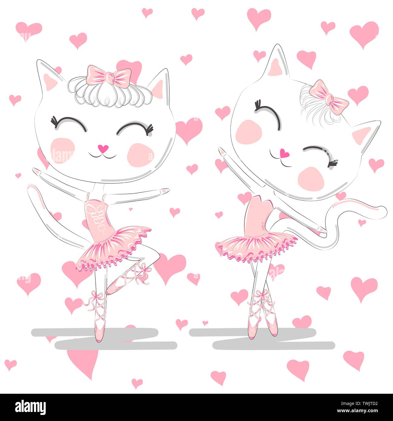 Hand drawn beautiful pair of cute white ballerina cats in pink ballet ...