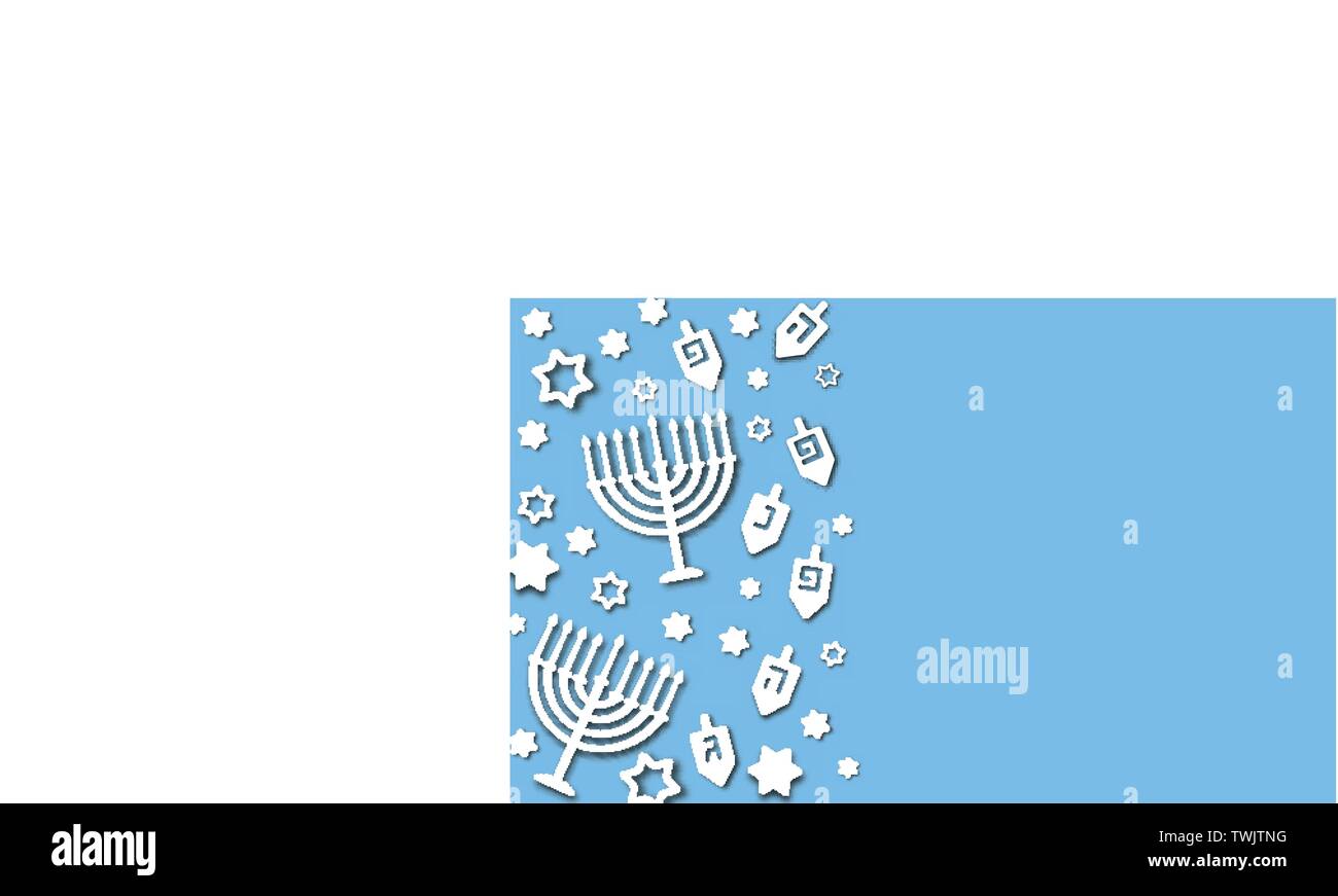 Hanukkah blue background with holiday candles, dreidels, Hebrew letters ...