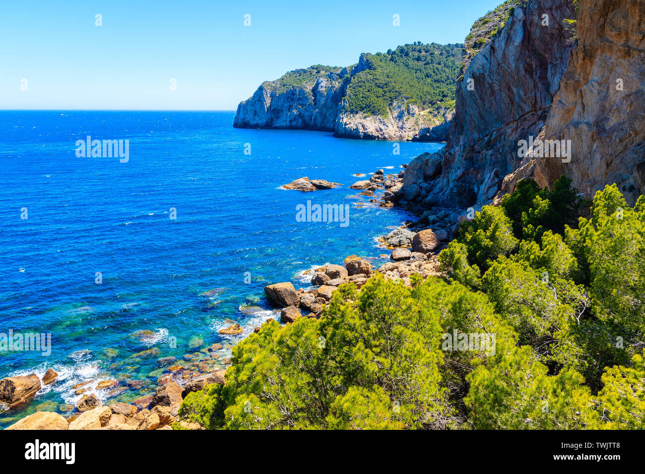 Seacoast with high cliffs near Sa Tuna village, Costa Brava, Spain ...