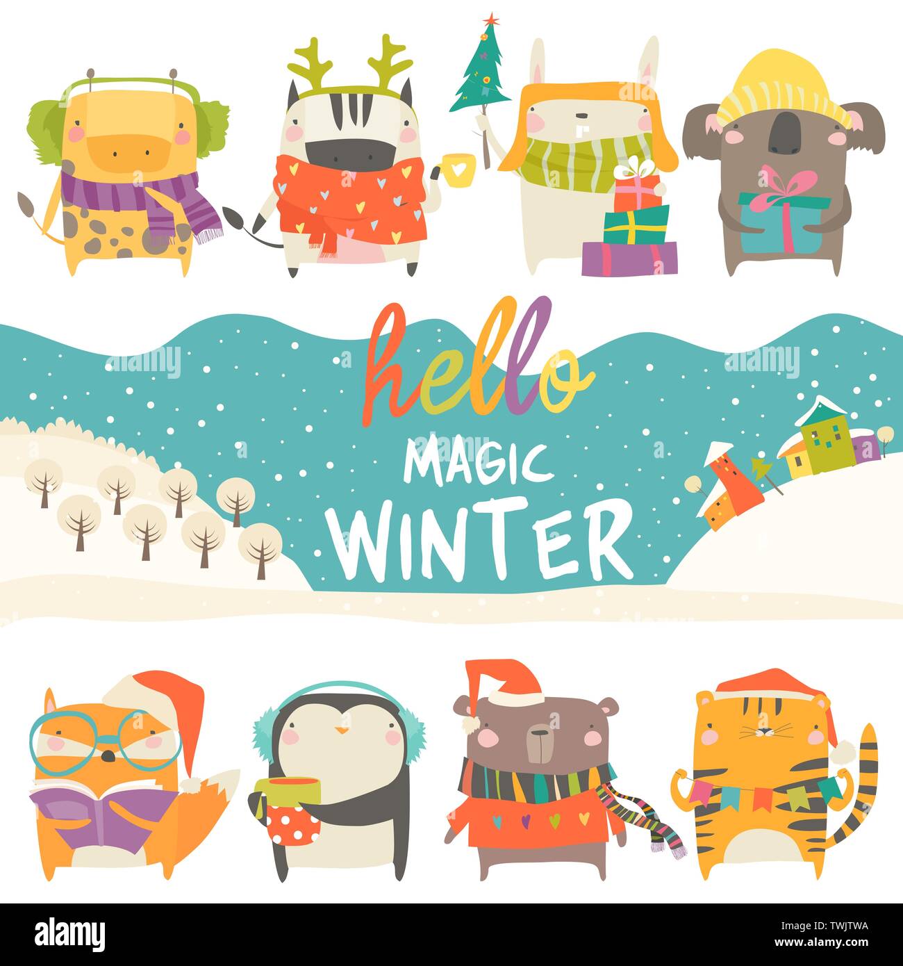 Set of cute animals with winter theme on white background Stock Vector ...