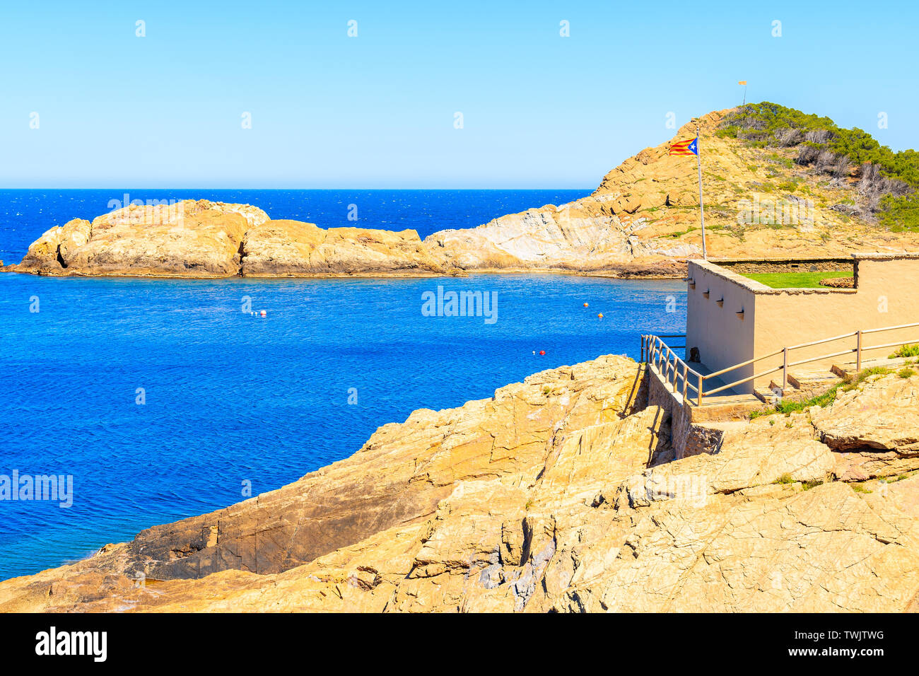 Coastal walkway to beach near Sa Tuna village, Costa Brava, Spain Stock ...